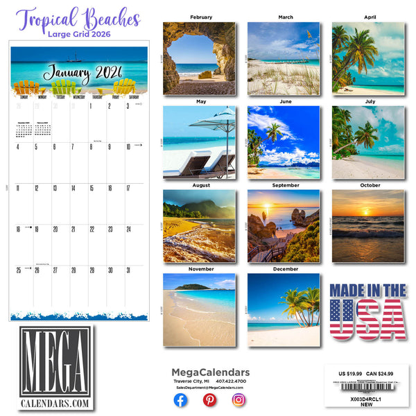 Tropical Beaches Large Grid Calendar 2026 – MegaCalendars.com